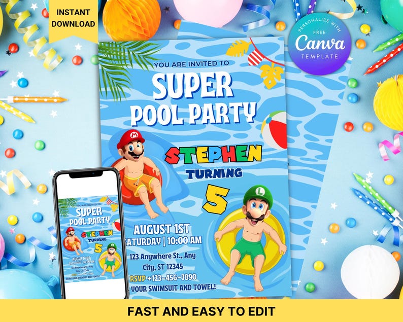 Editable Super Mario and Luigi Birthday Pool Party Invitation Canva ...