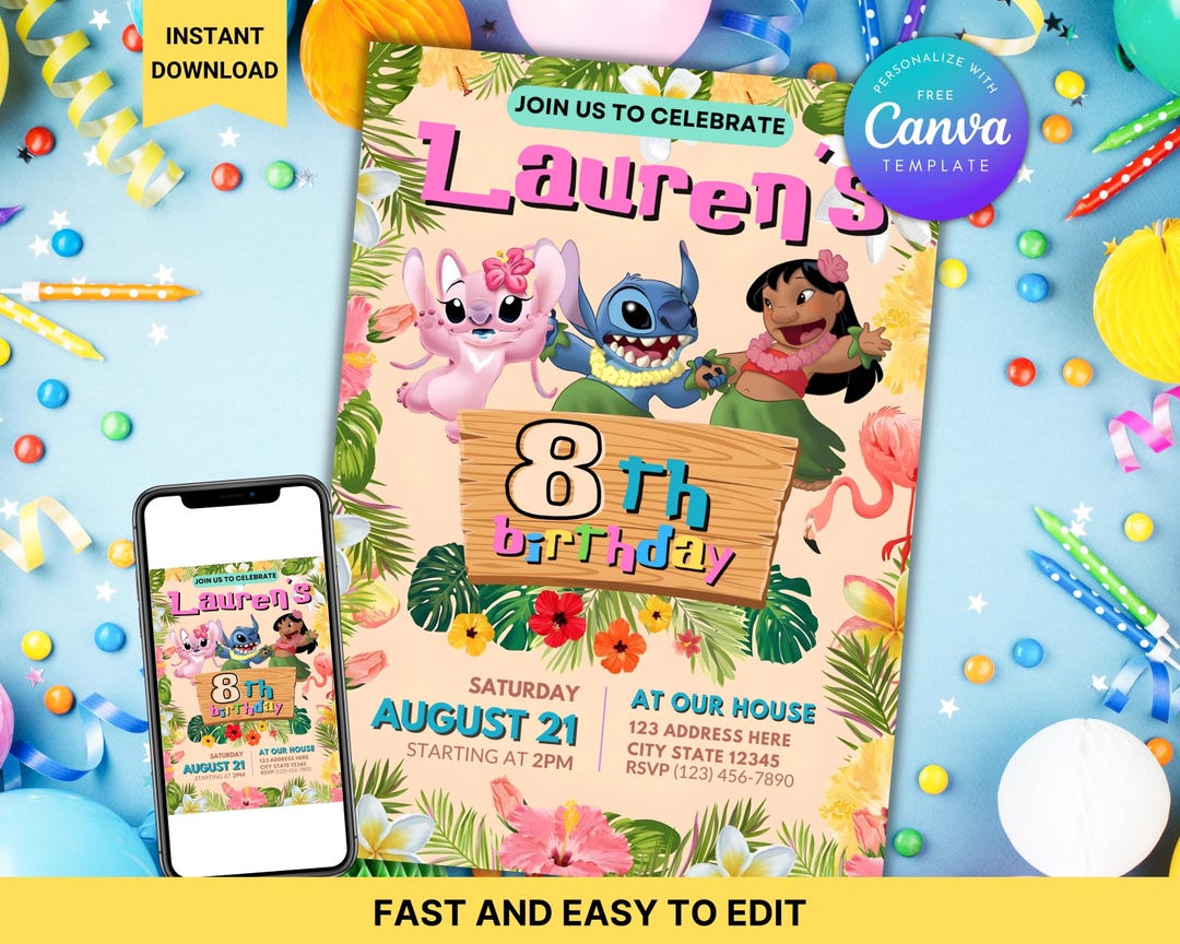 Editable Lilo and Stitch Birthday Invitation | Hawaiian Luau Party ...
