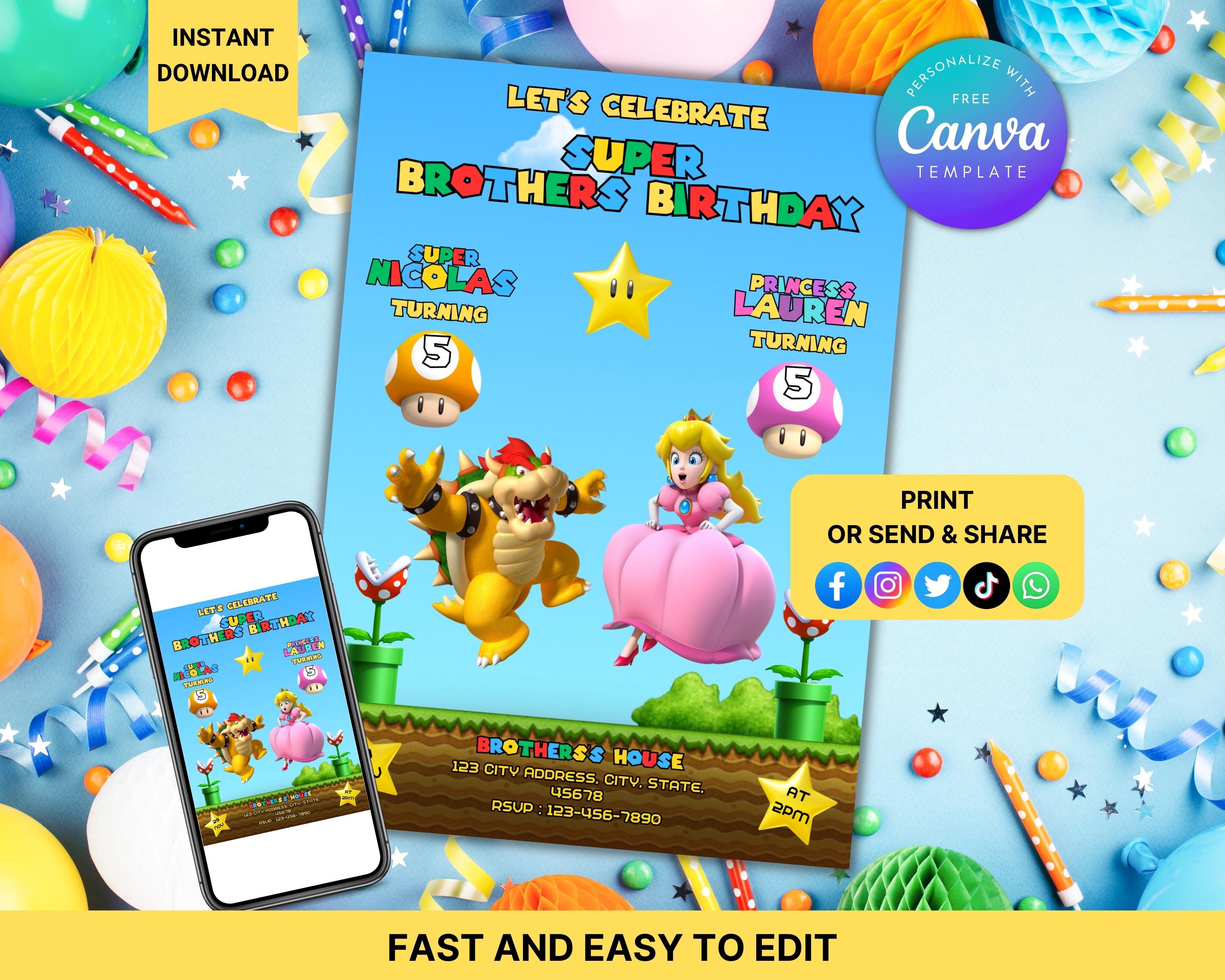 Editable Princess Peach and Bowser Siblings Birthday Invitation | Twins ...