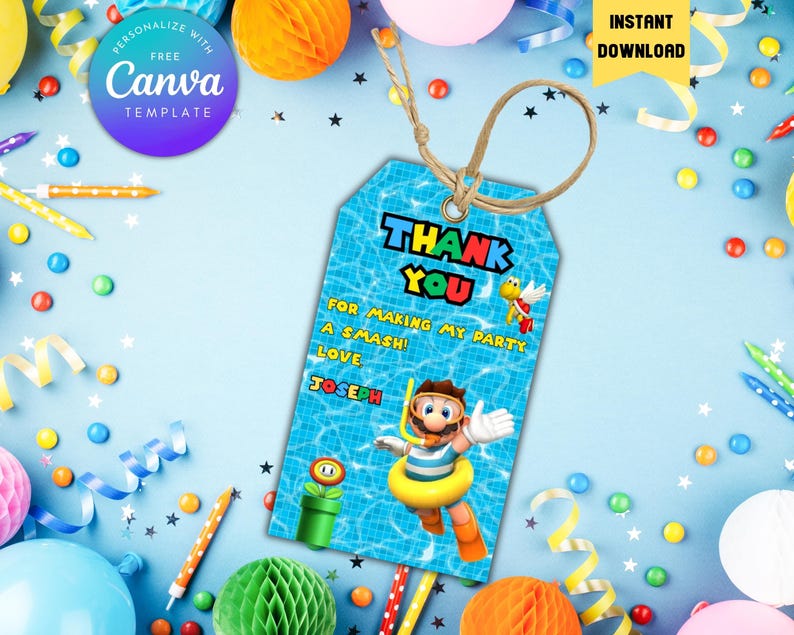 Editable Super Mario Pool Party Thank You Tag Template | Pool Party ...