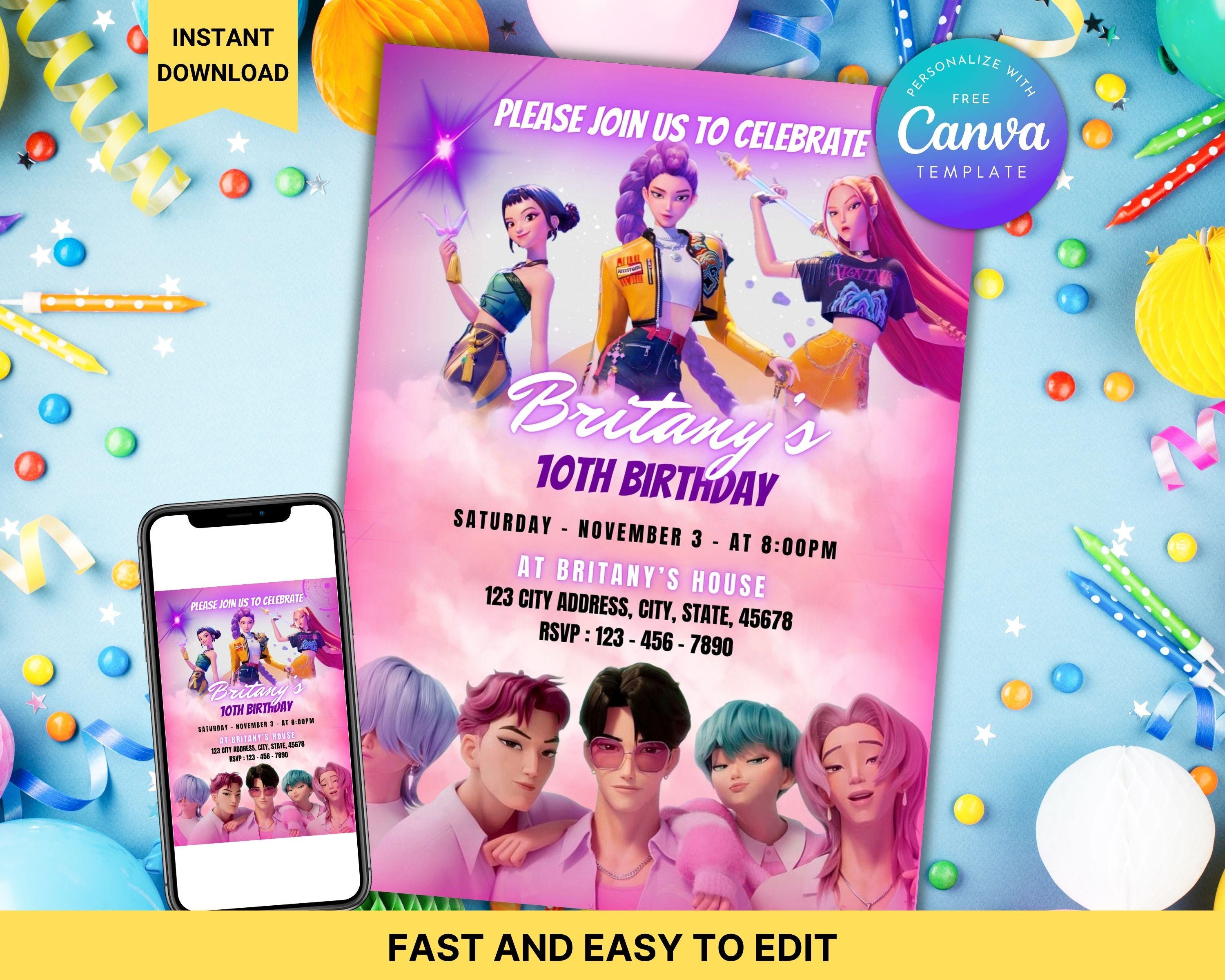 Editable Kpop Anime Pop Star Birthday Invitation, Virtual Idol Party ...
