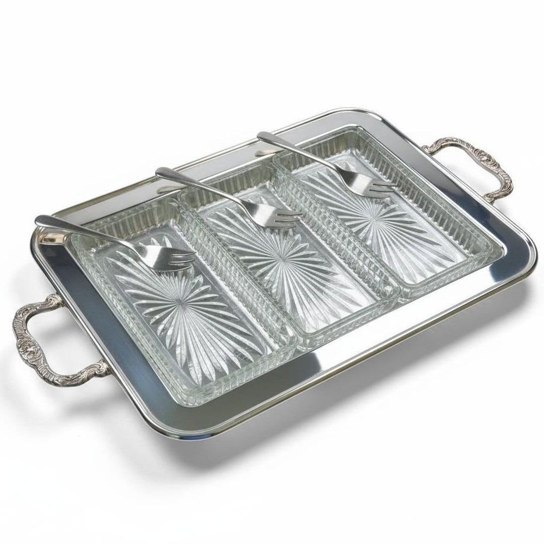Leonard Silverplate Glass Insert Vintage Serving Tray Appetizer Holiday ...