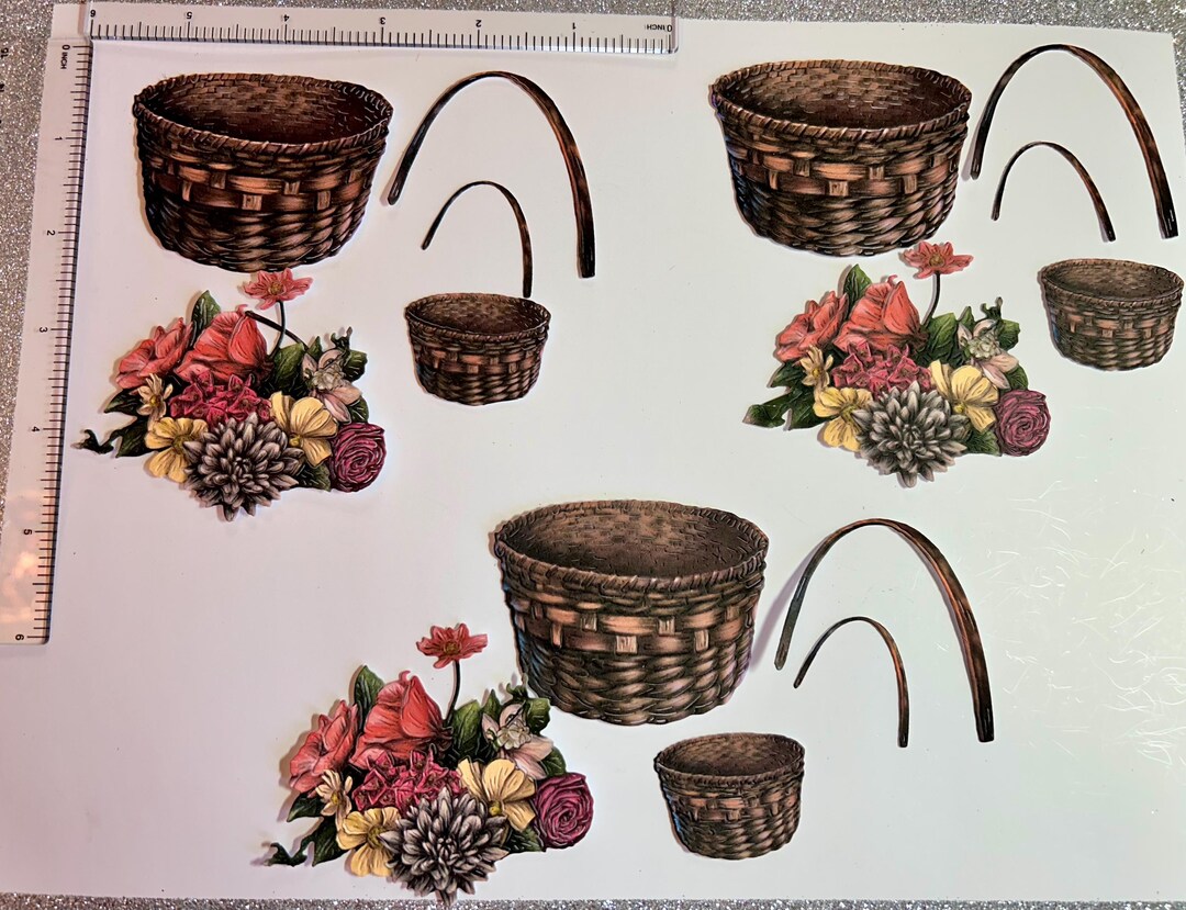 15 Parts for 3 Flower Basket Parts Paper Die Cut, Card Supplies ...