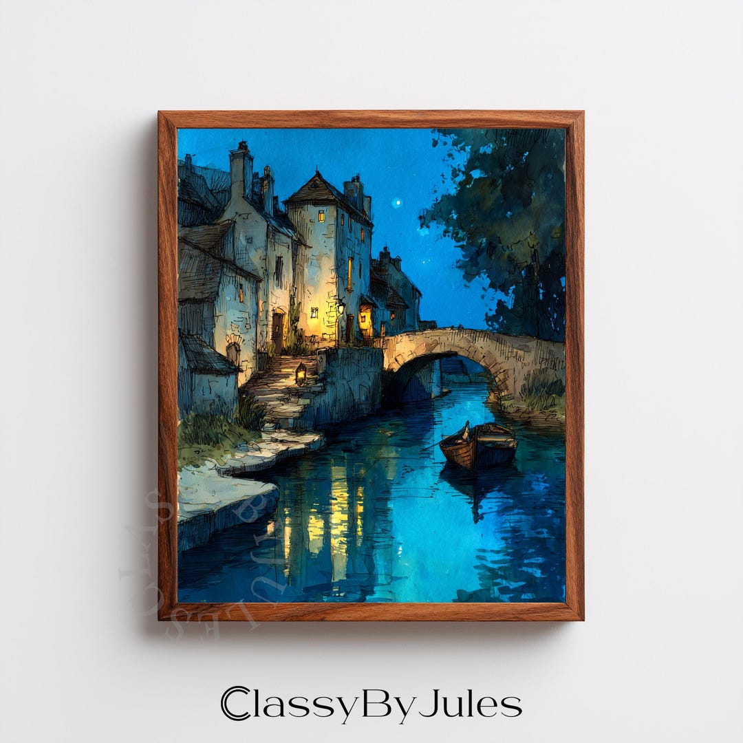 Moody Printable Moonlit River Village Scene - Vintage Cottagecore ...