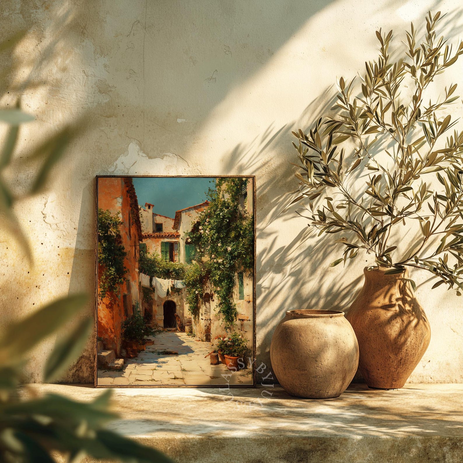Rustic Mediterranean Village Lane Painting - Cozy Vintage Wall Art ...