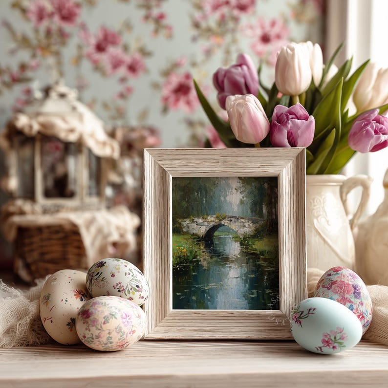 Tranquil Stone Bridge Over Reflective Stream - Cottagecore Landscape ...