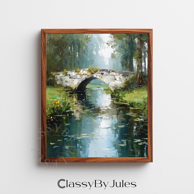 Tranquil Stone Bridge Over Reflective Stream - Cottagecore Landscape ...