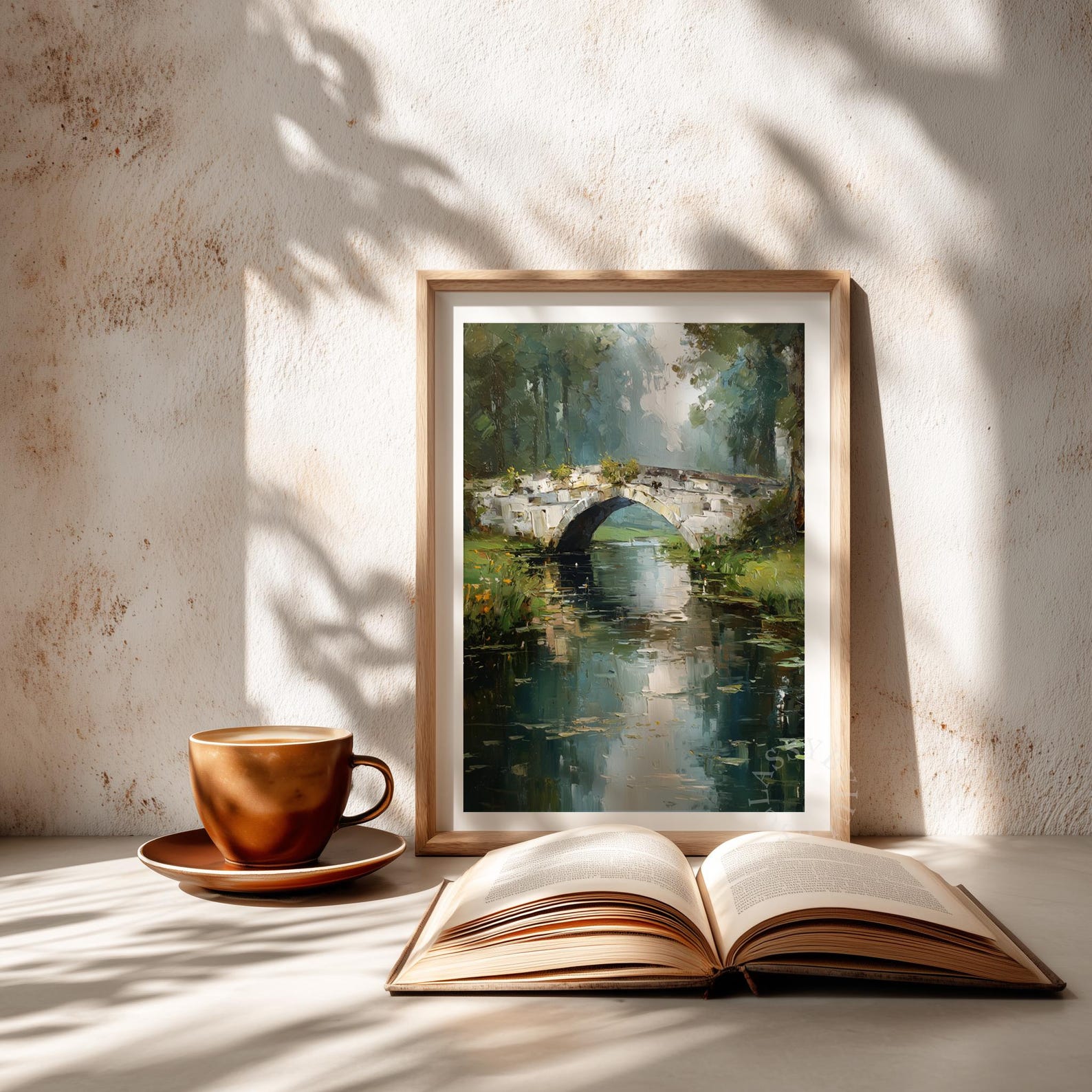Tranquil Stone Bridge Over Reflective Stream - Cottagecore Landscape ...