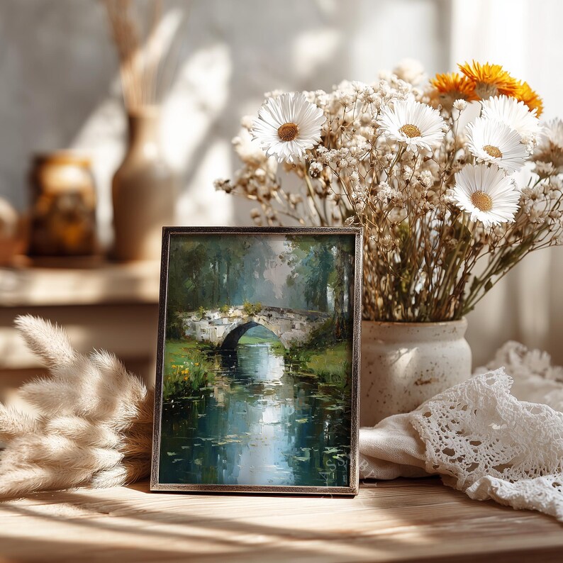Tranquil Stone Bridge Over Reflective Stream - Cottagecore Landscape ...