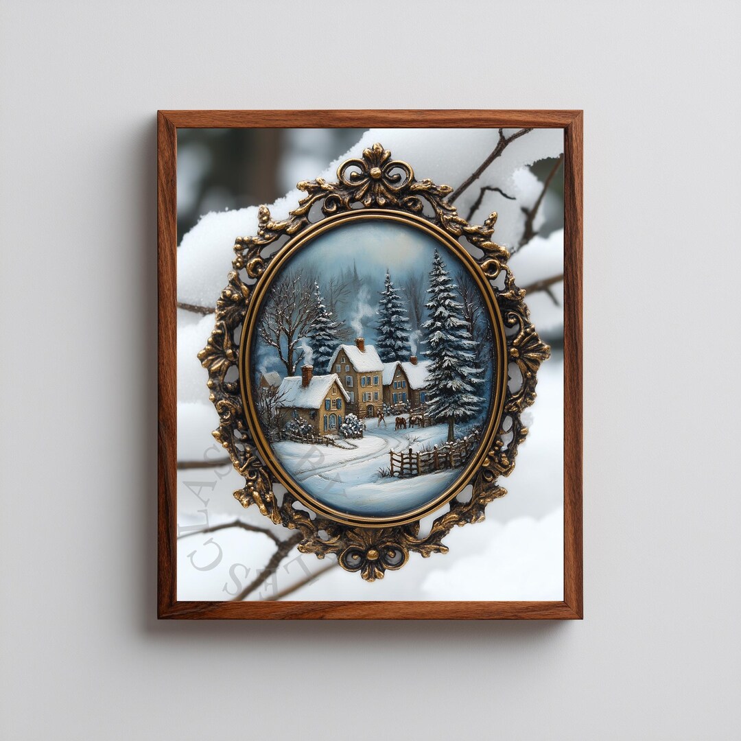 Printable Vintage Snowy Village Scene - Cozy Winter Cottagecore ...