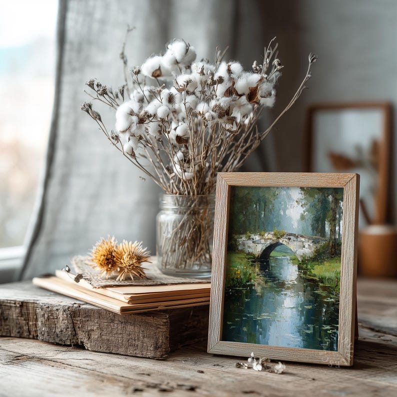 Tranquil Stone Bridge Over Reflective Stream - Cottagecore Landscape ...