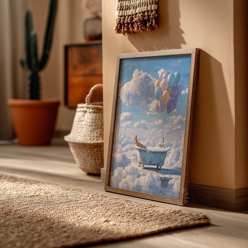 Vintage Cottagecore Floating Bathtub Art - Pastel Clouds & Balloons ...