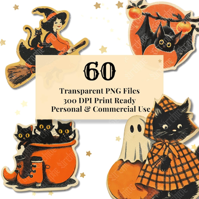 Vintage Halloween Die Cut PNG Bundle | 60 Black Cat & Pumpkin Pngs for ...
