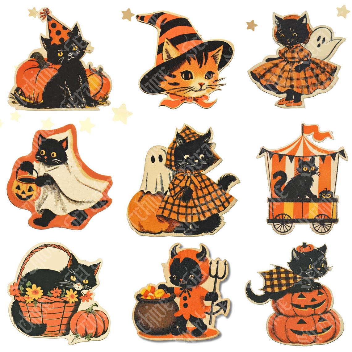 Retro Halloween Clipart Black Cat & Pumpkin PNG Bundle | 1950s Die Cuts ...