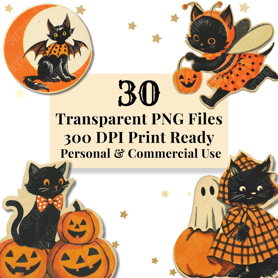 Retro Halloween Clipart Black Cat & Pumpkin PNG Bundle | 1950s Die Cuts ...