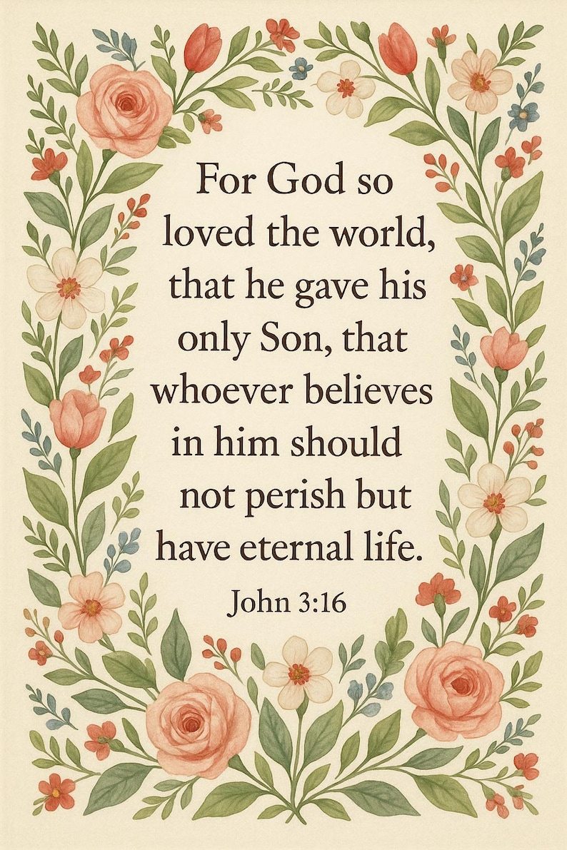 John 3:16 Bible Verse Wall Art | Christian Floral Scripture Print ...