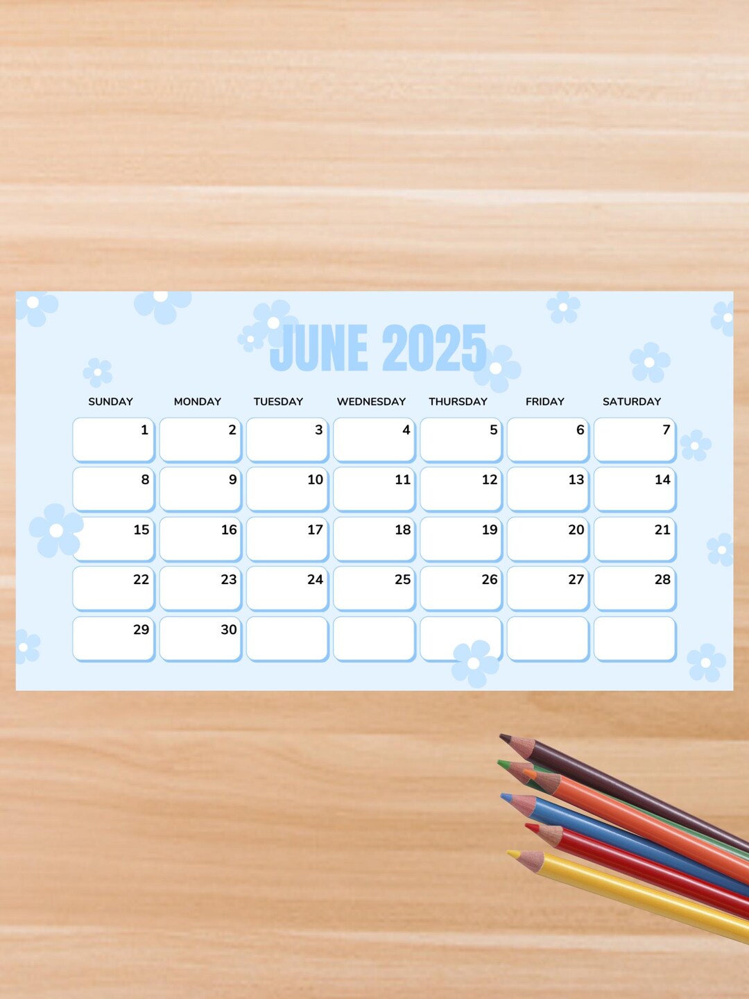 June 2025 Calendar, PRINTABLE, Summer Planner With Floral Designs, Blue ...