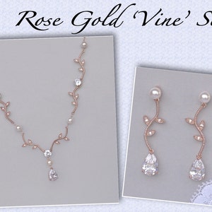 Rose Gold Jewelry Set, Vine Bridal Set, Crystal Necklace and Earrings ...