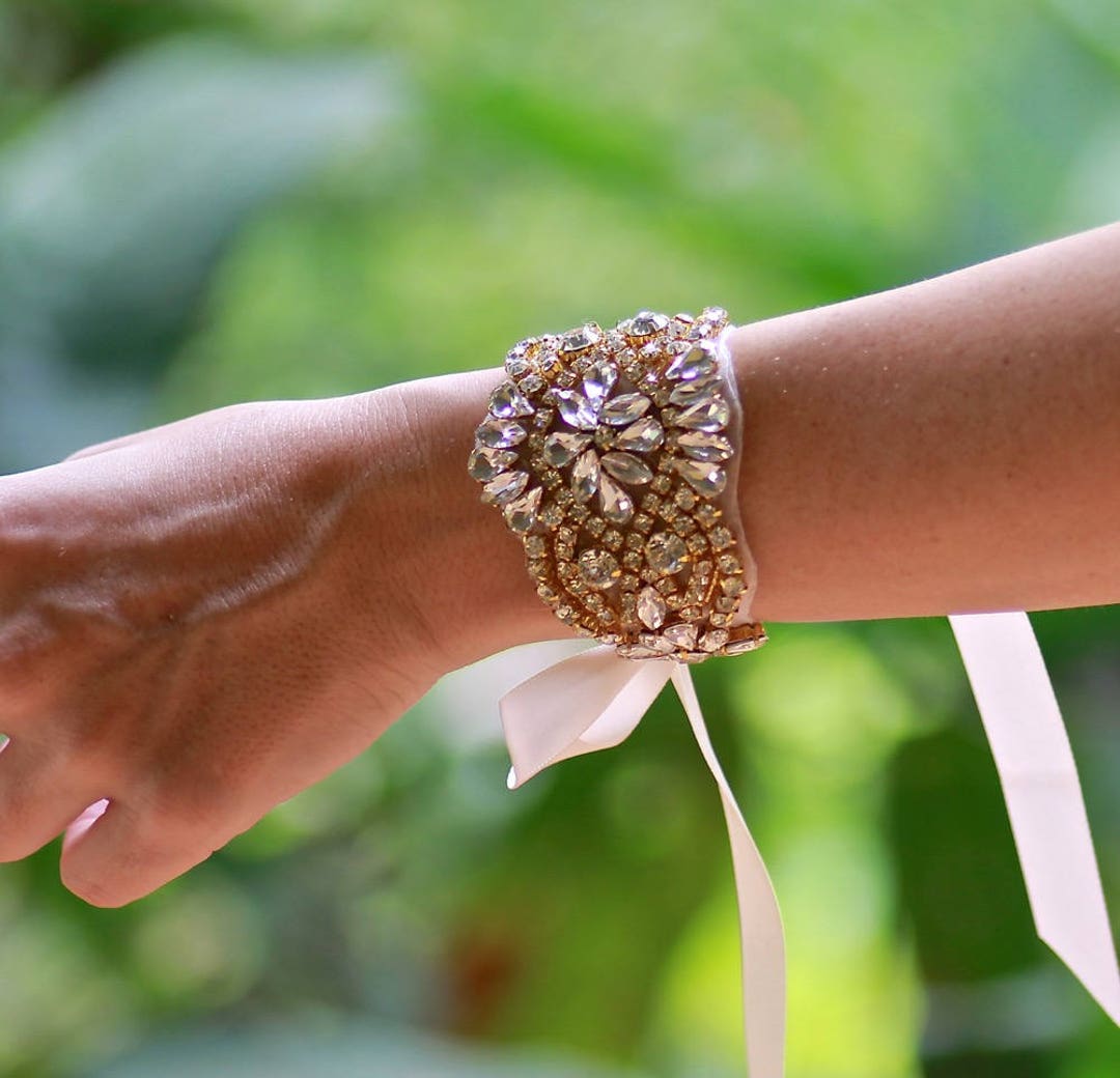 Rose Gold Bridal Cuff, Rose Gold Crystal Wedding Cuff, Crystal Beaded ...