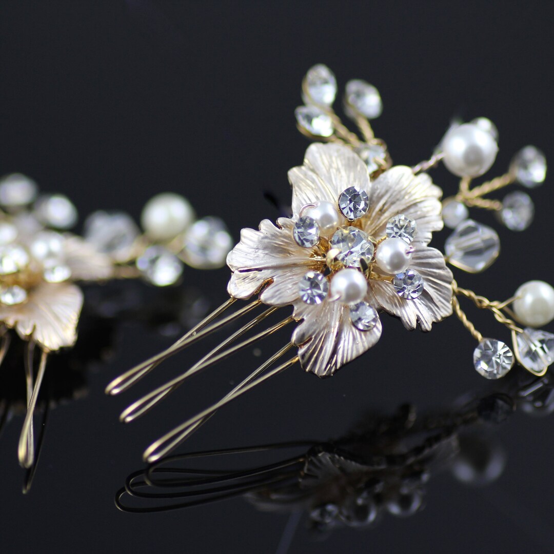 Set of TWO Hair Combs, Champagne Gold or Silver Bridal Comb, Hibiscus ...