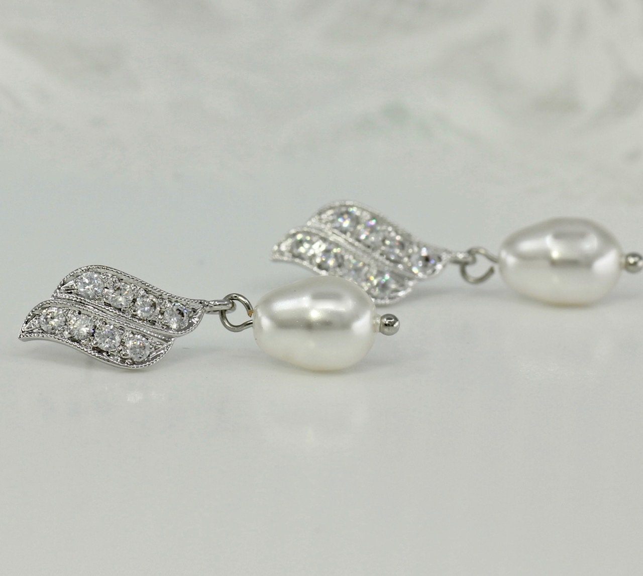 Crystal Pearl Silver Earrings Pearl Drop Bridal Earrings Art | Etsy