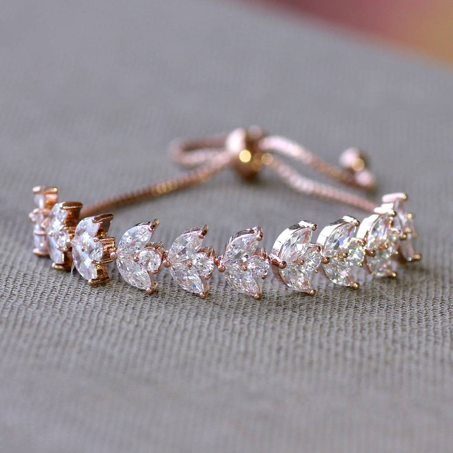 Rose Gold Crystal Adjustable Bracelet Rose Gold Bridal - Etsy