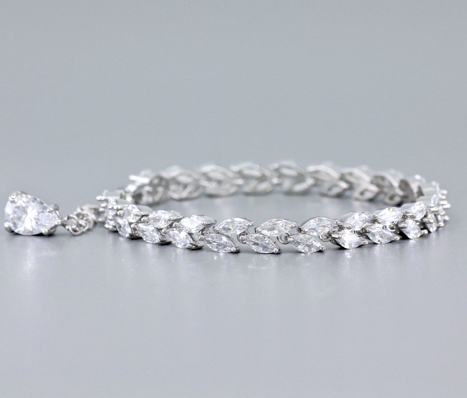 White Gold Crystal Bridal Bracelet, Marquise Rhodium Tennis Bracelet ...