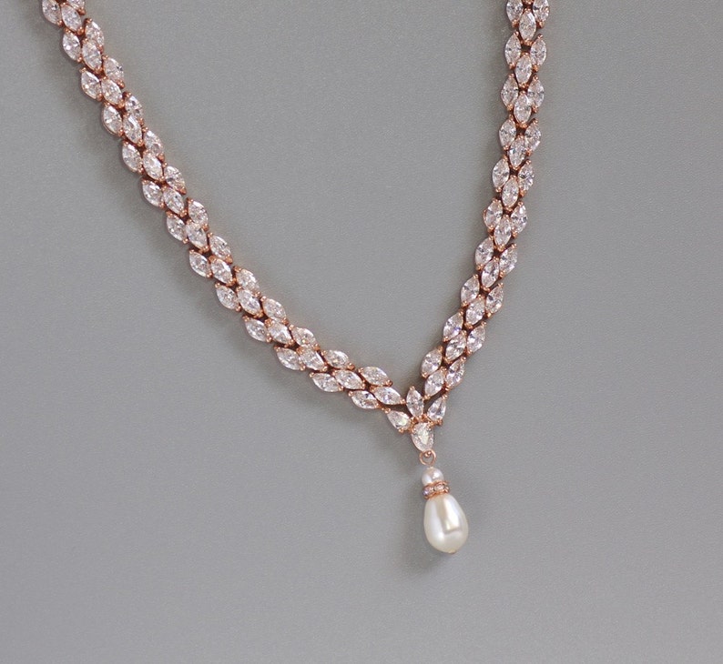 Rose Gold Crystal Necklace Pearl Drop Crystal Necklace Rose - Etsy