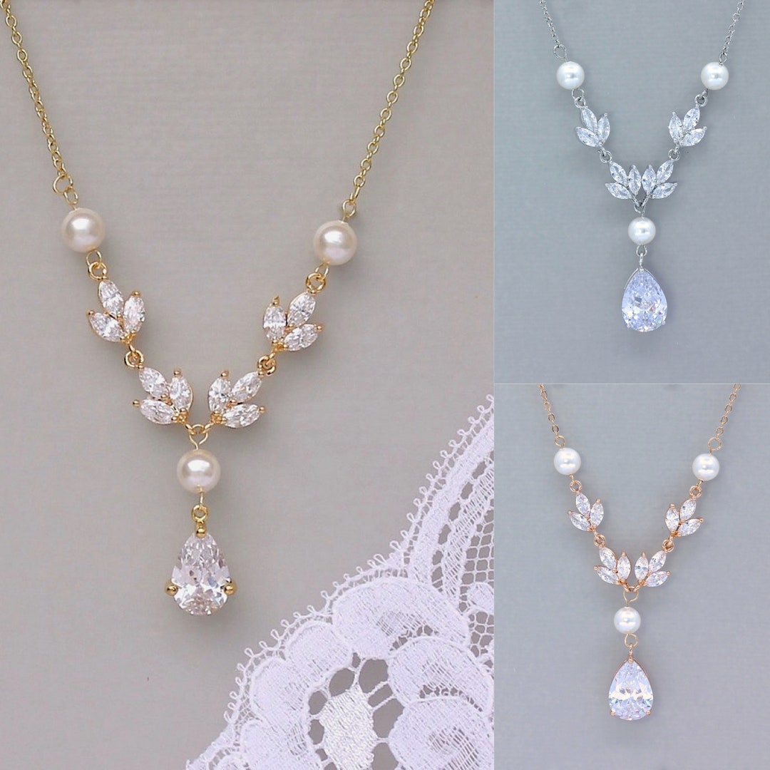 Gold Crystal & Pearl Bridal Necklace, Gold Crystal Necklace, Gold, Rose ...