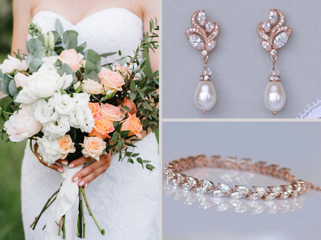 Rose Gold Bridal Set, Rose Gold Jewelry Set, Rose Gold Bracelet ...