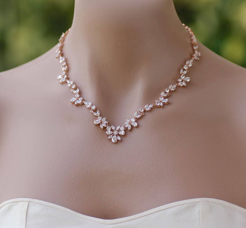 Rose Gold Crystal Necklace Crystal Bridal Necklace Rose Gold Etsy
