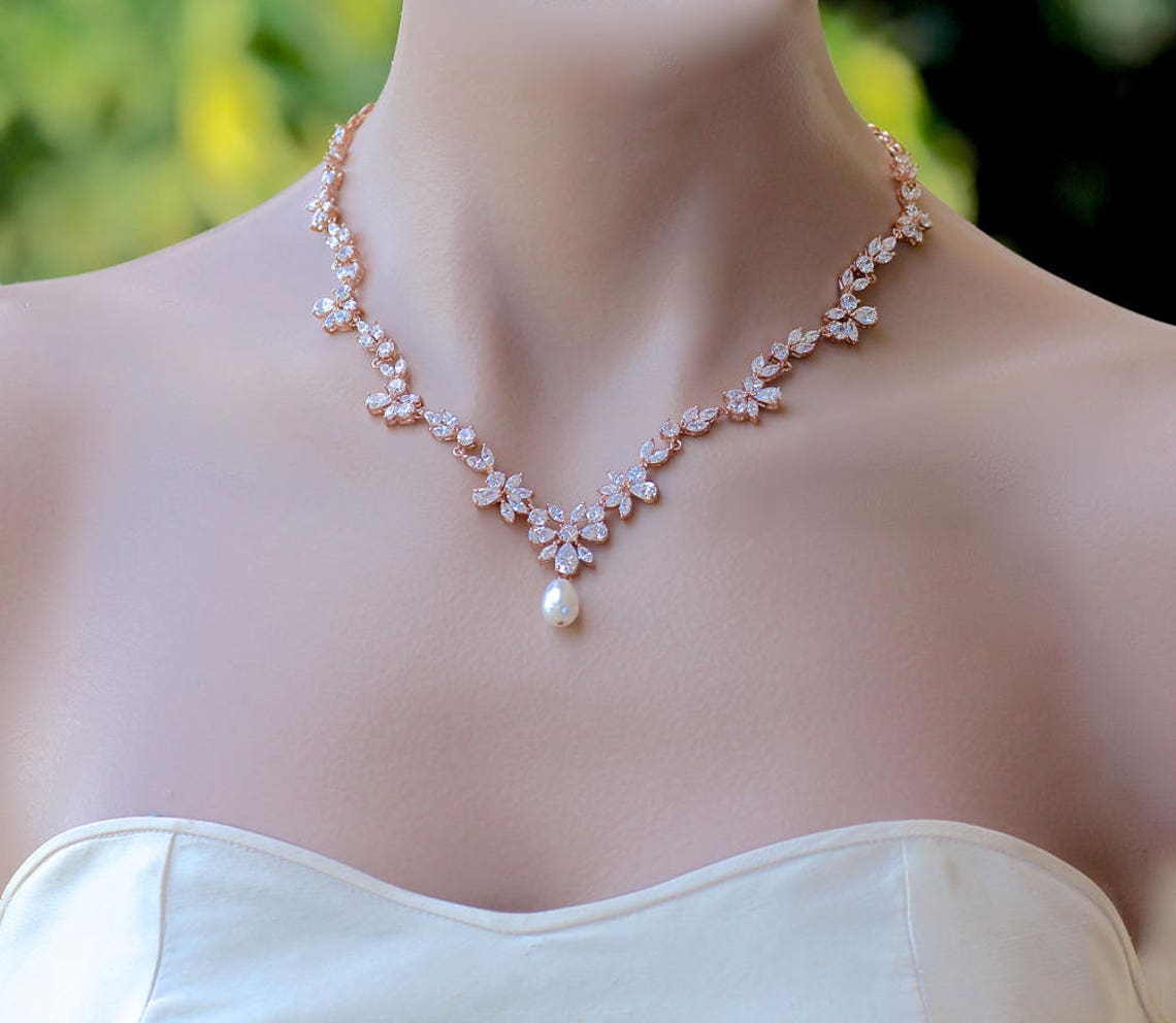 Rose Gold Crystal Necklace, Crystal Bridal Necklace, Rose Gold Bridal ...