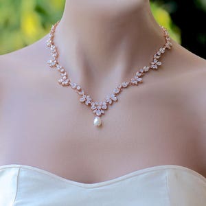 Rose Gold Crystal Necklace, Crystal Bridal Necklace, Rose Gold Bridal ...