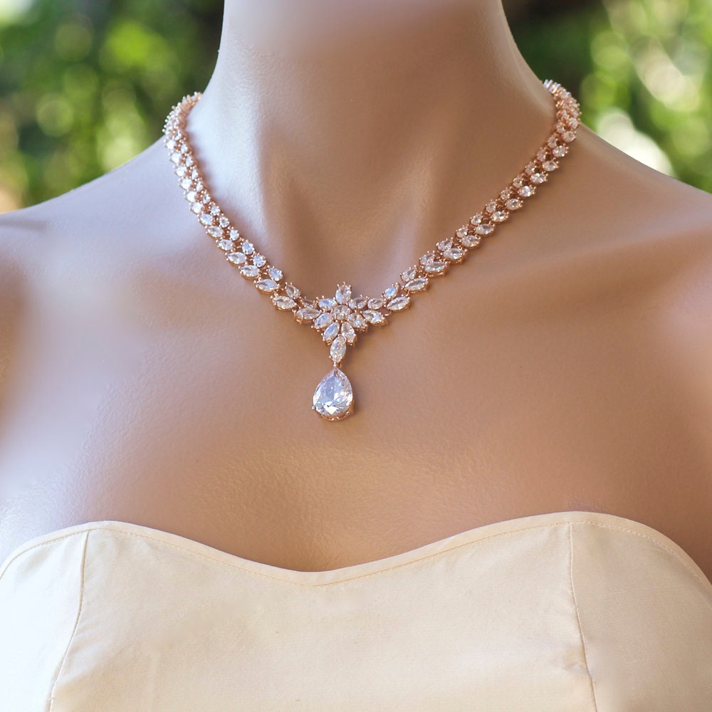 Rose Gold Crystal Necklace Bridal Necklace Rose Gold Bridal Etsy