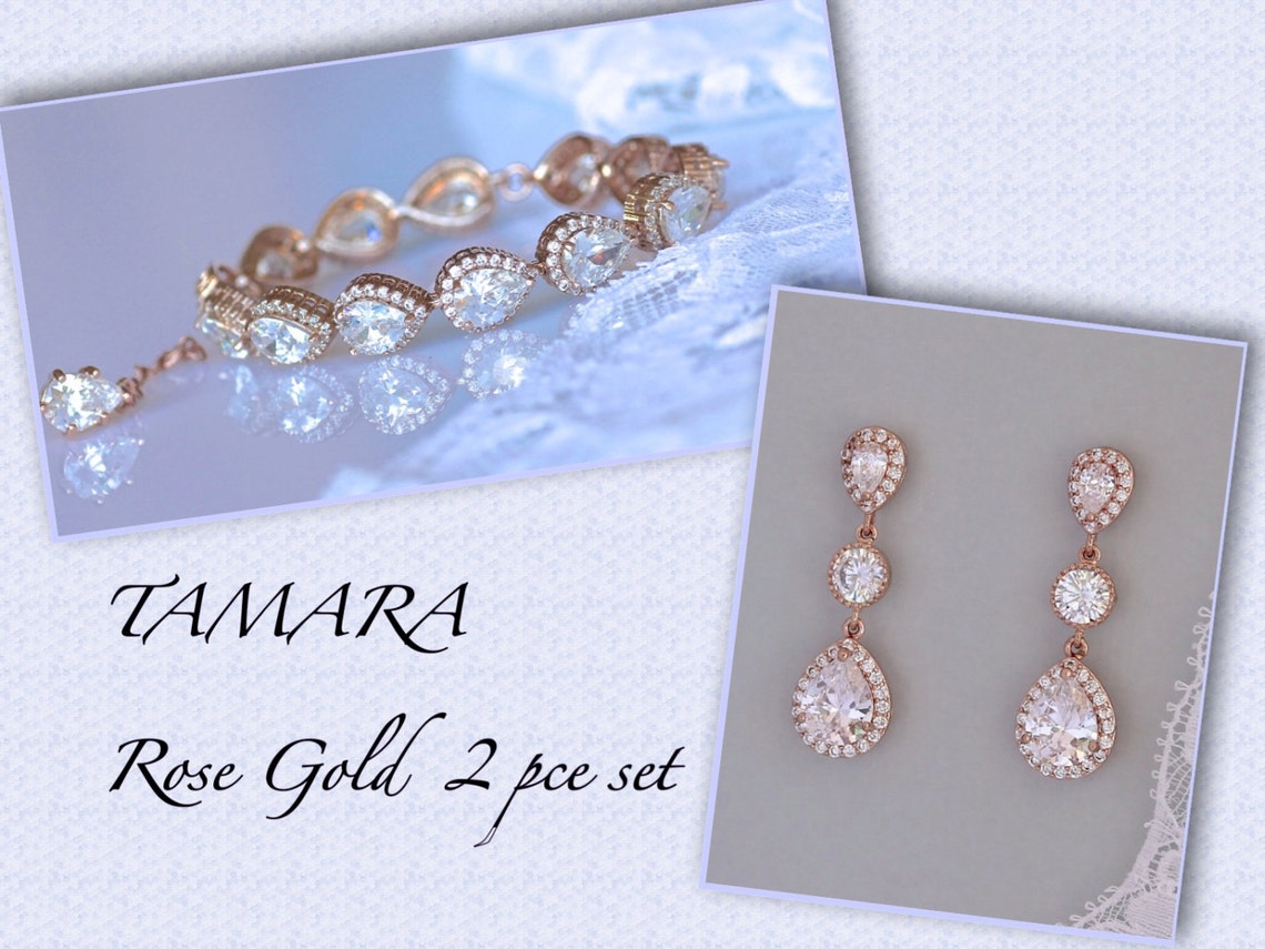 Rose Gold Jewelry Set Rose Gold Bridal Set Crystal Bridal | Etsy