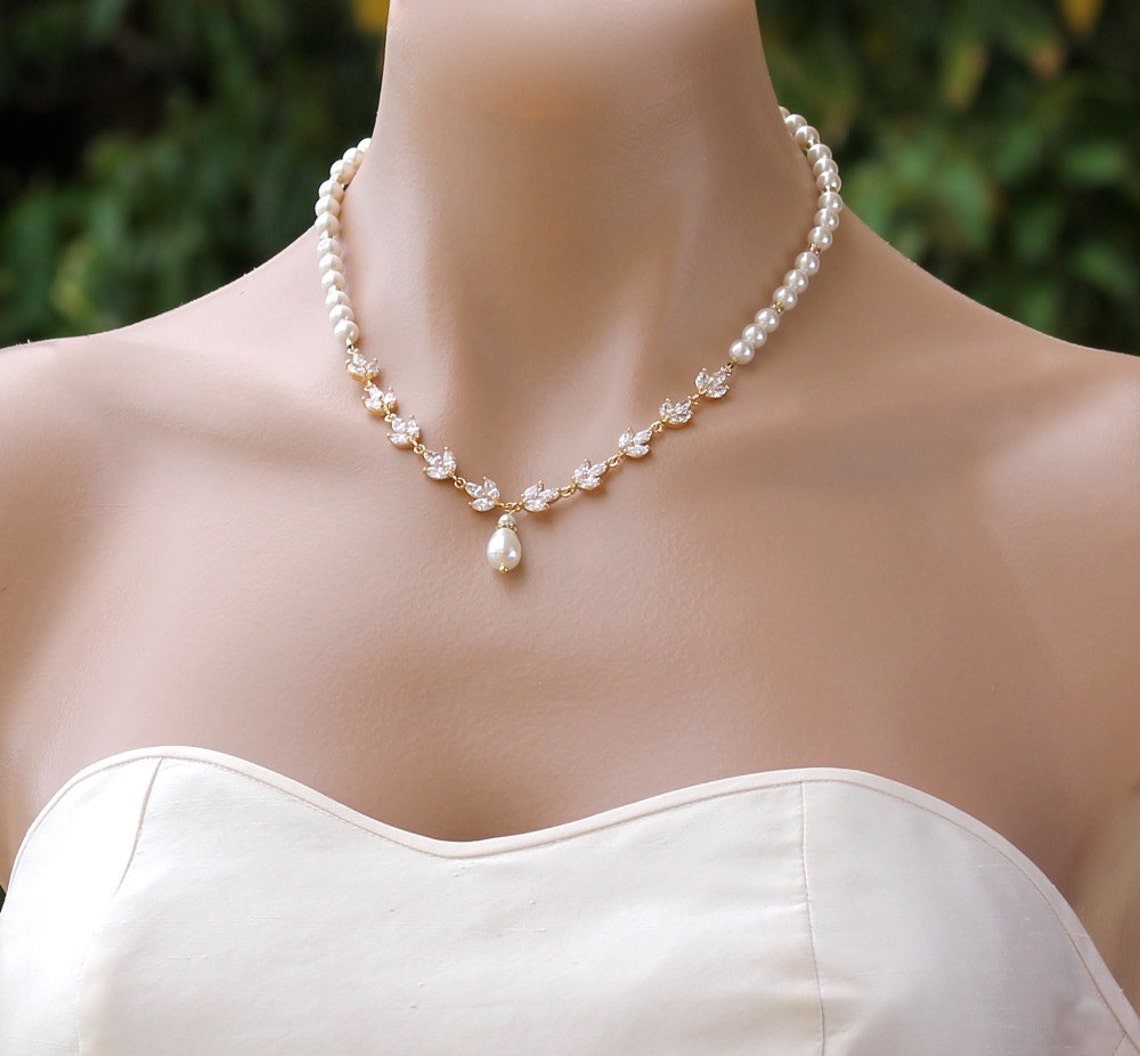 Crystal and Pearl Gold Necklace Gold Bridal Necklace Crystal - Etsy