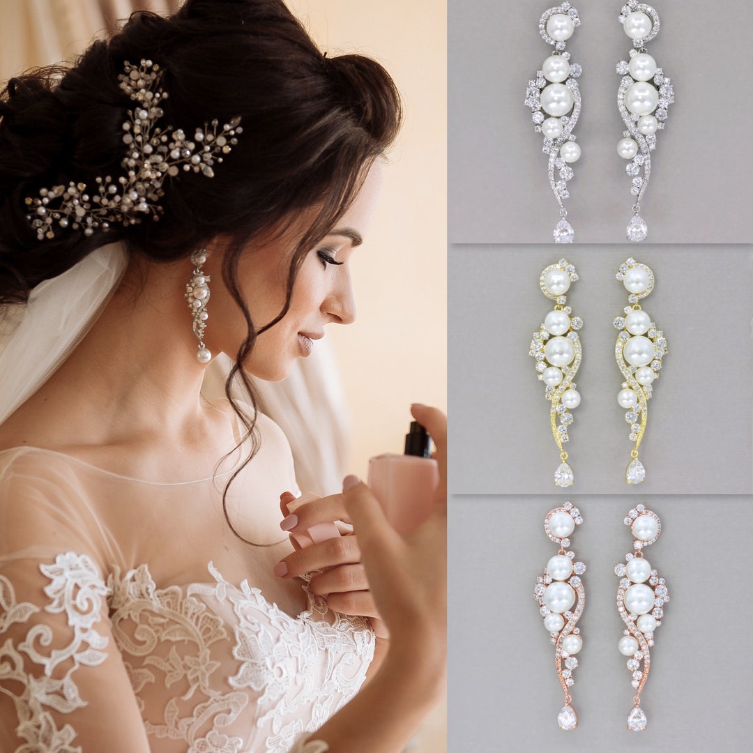 Statement Bridal Earrings, Pearl and Crystal Wedding Earrings, Rose ...