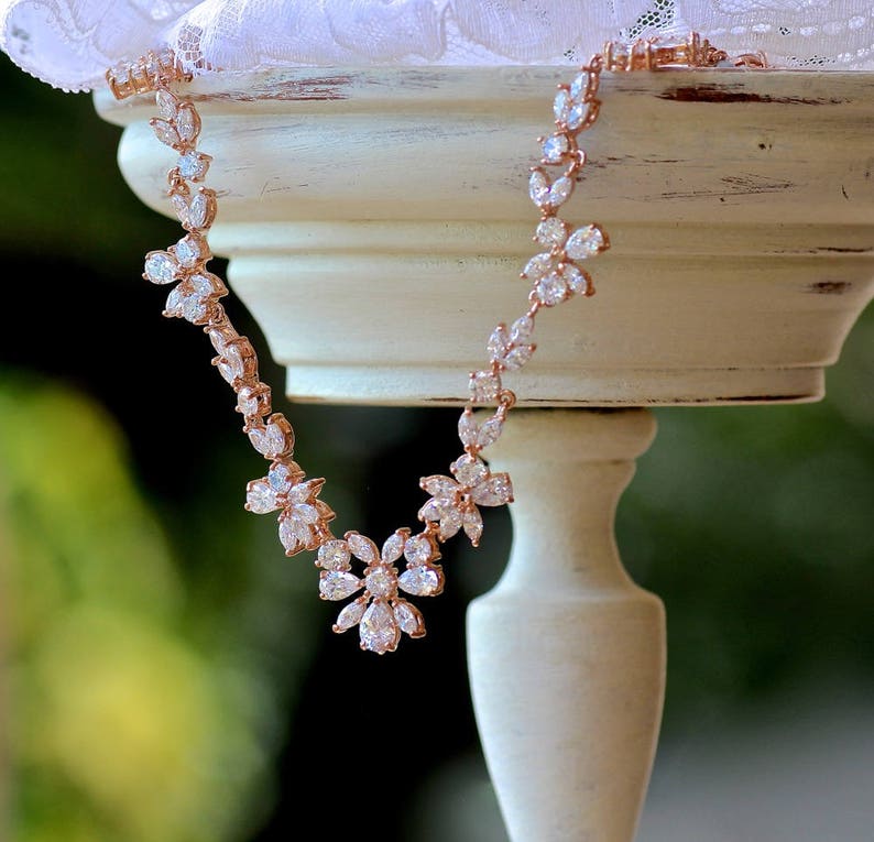 Rose Gold Crystal Necklace, Crystal Bridal Necklace, Rose Gold Bridal ...