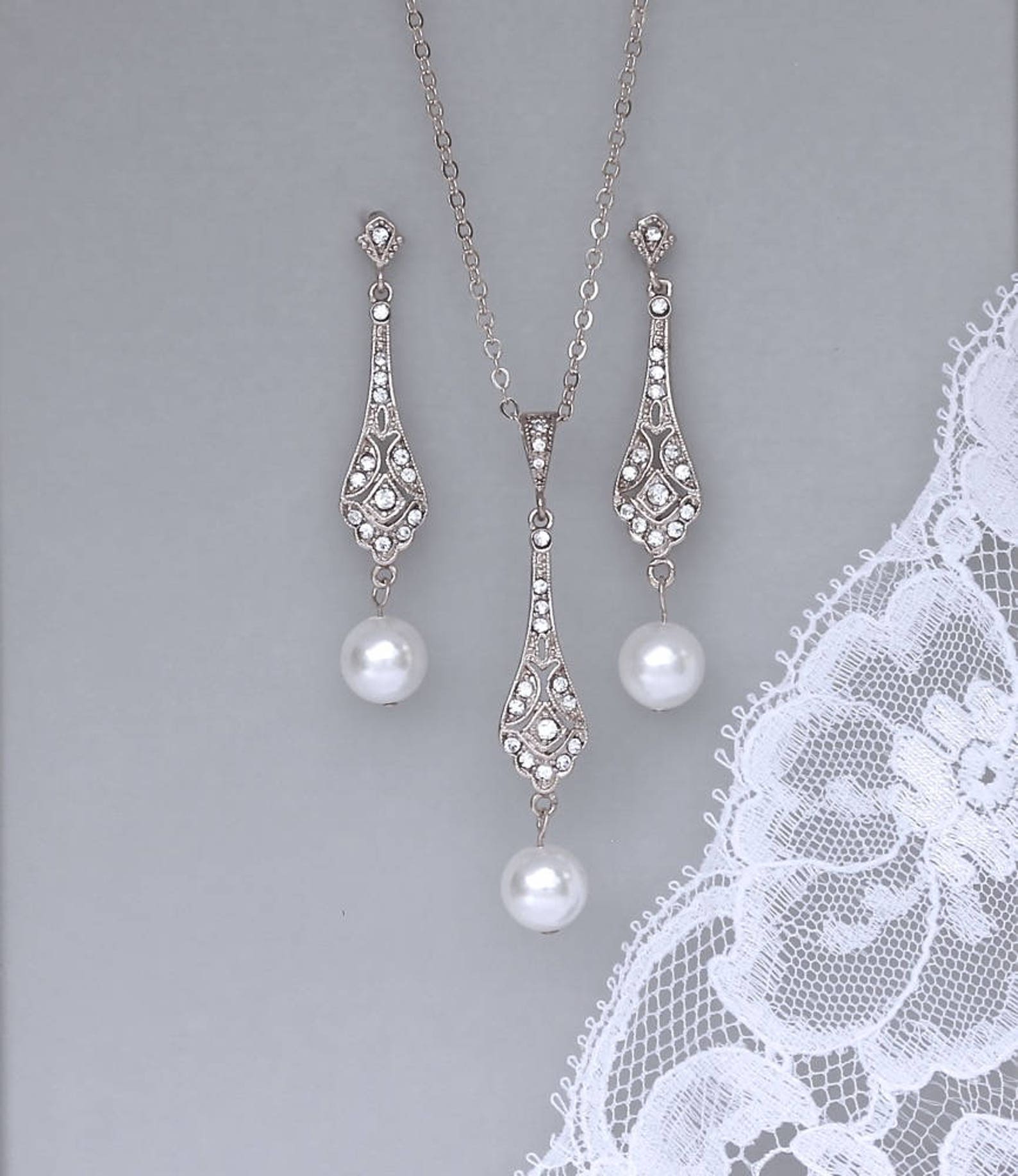 White Gold Bridal Set Pearl Bridal Set Earrings and Necklace - Etsy