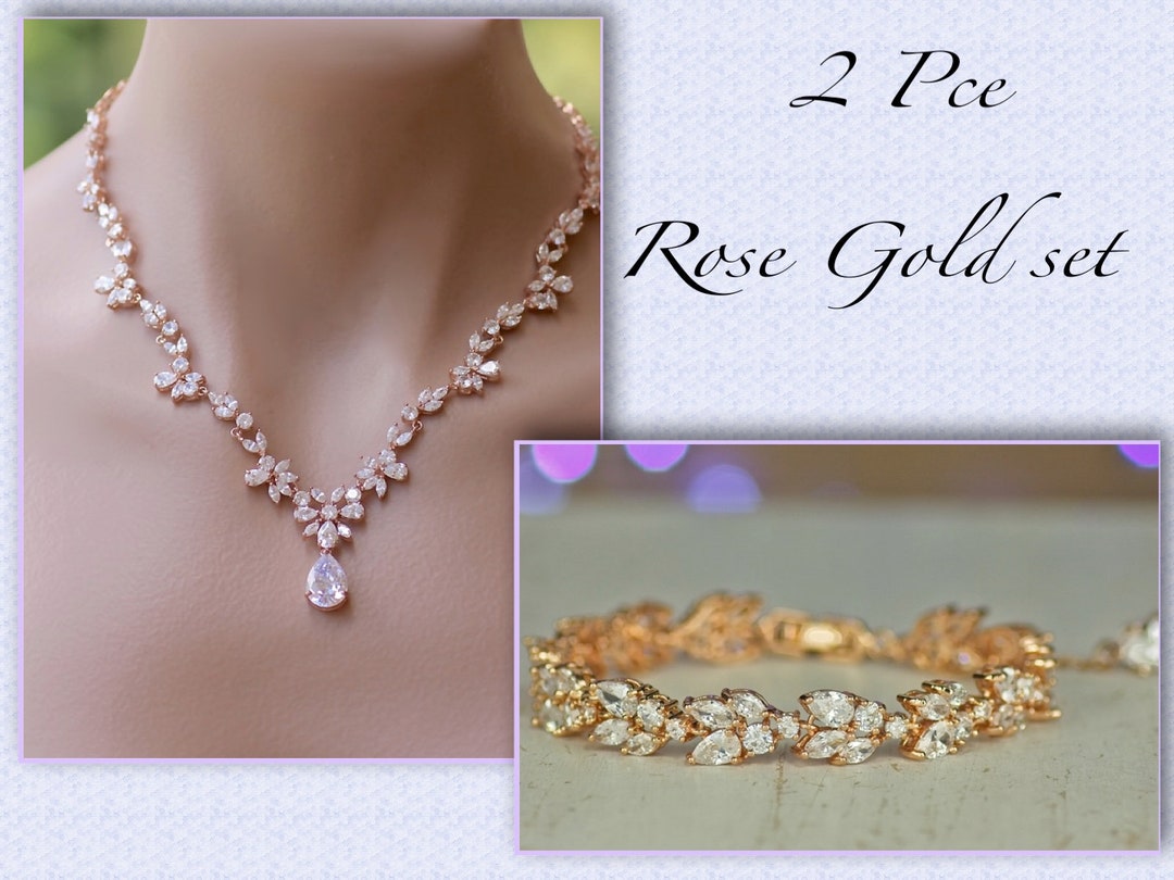 Bridal Jewelry Set, Rose Gold Jewelry Set, Necklace & Bracelet Set ...