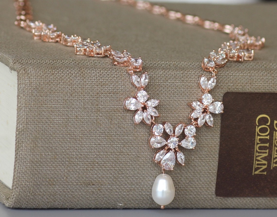 Rose Gold Crystal Necklace, Crystal Bridal Necklace, Rose Gold Bridal ...