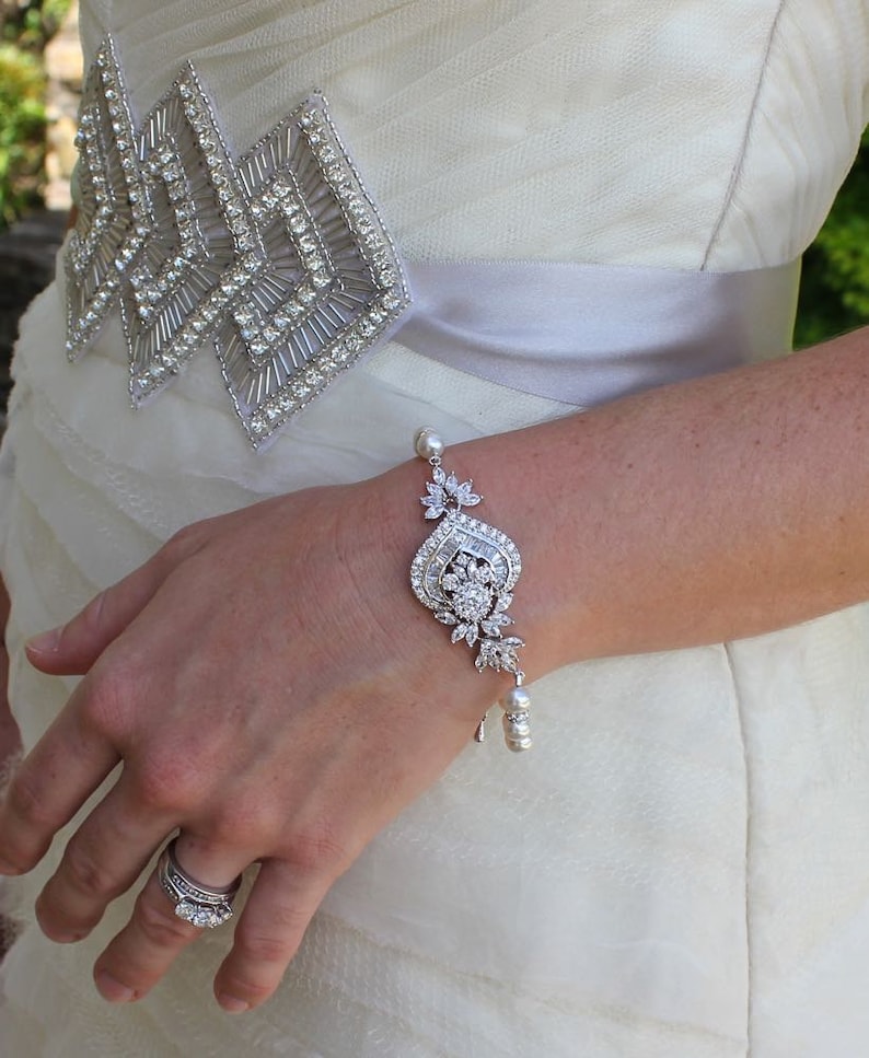Crystal Bridal Bracelet Pearl and Crystal Bracelet CZ Bridal - Etsy