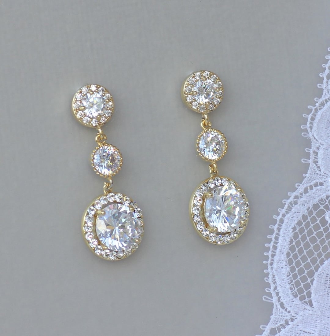 Gold Crystal Earrings, Round Crystal Earrings, Gold Crystal Bridal ...