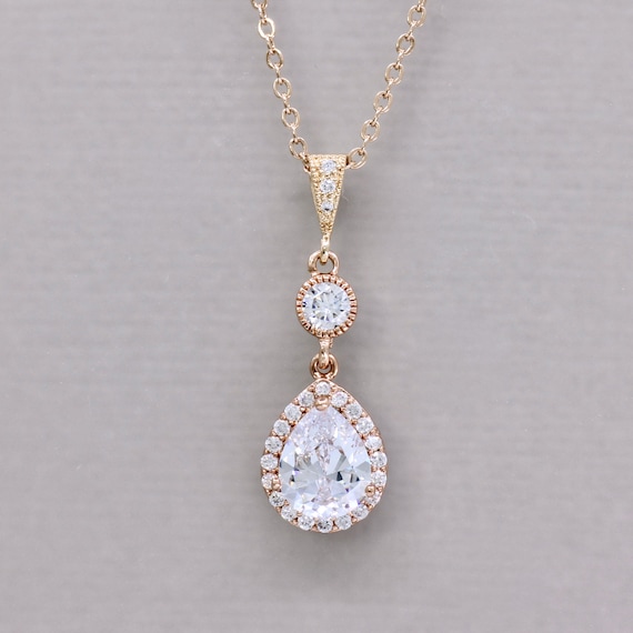 Rose Gold Crystal Necklace Rose Gold Teardrop Bridal | Etsy