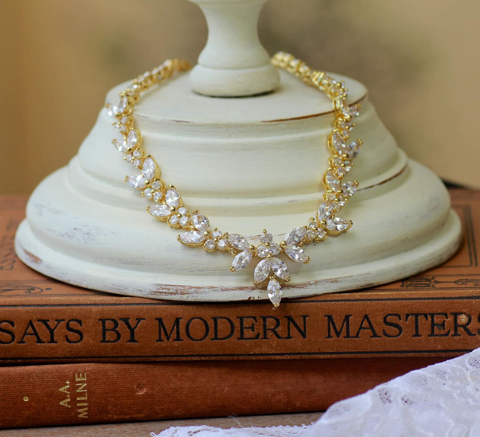 Gold Crystal Necklace Gold Bridal Necklace Gold Crystal | Etsy