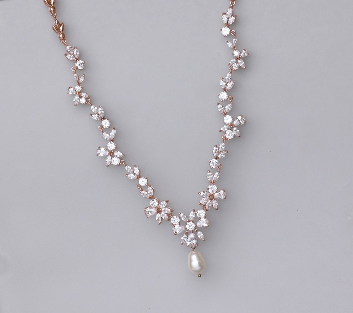 Rose Gold Crystal Necklace, Crystal Bridal Necklace, Rose Gold Bridal ...