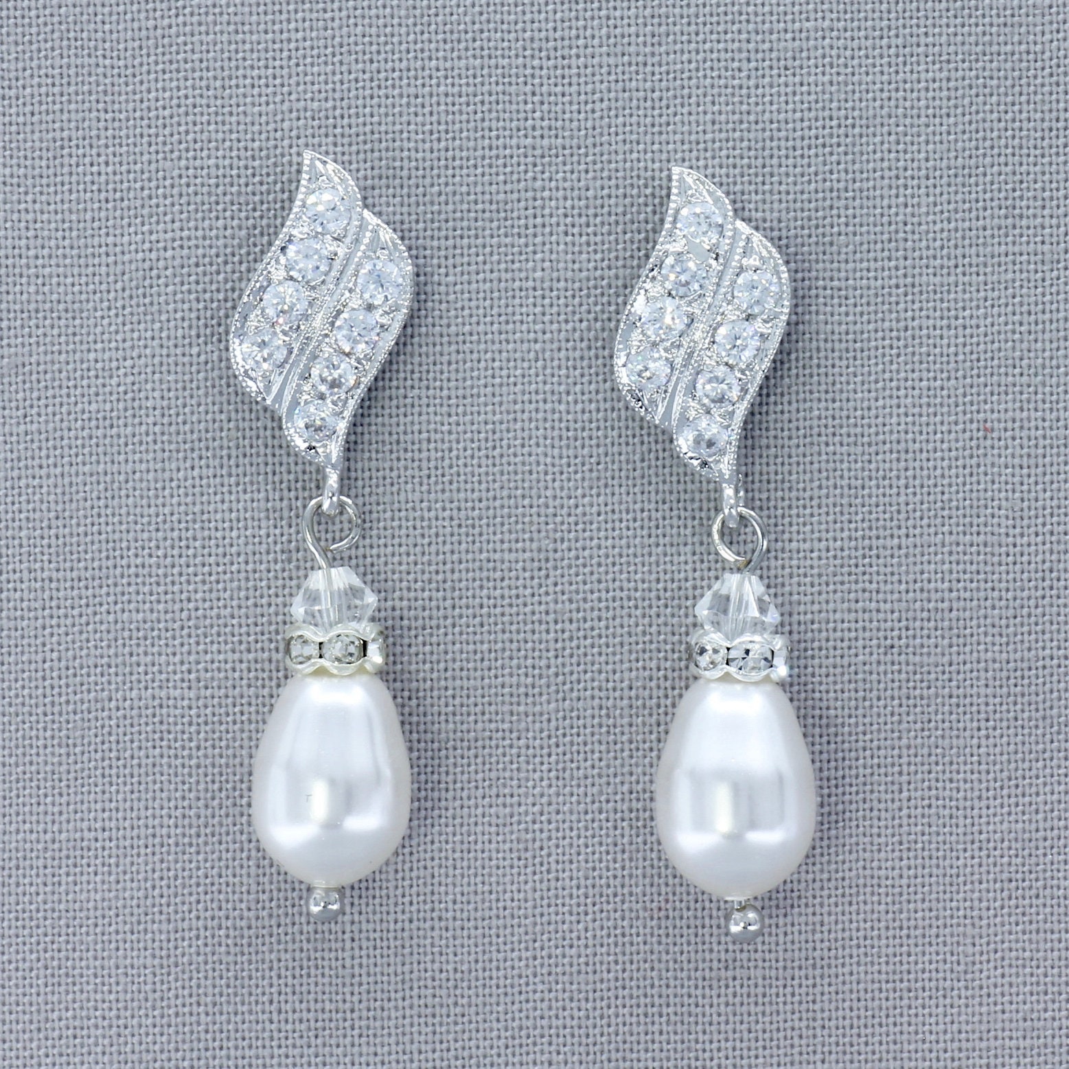 Crystal Pearl Silver Earrings Pearl Drop Bridal Earrings Art | Etsy