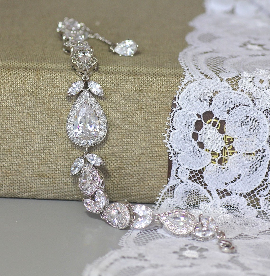 White Gold Bracelet, Crystal Bridal Bracelet, Teardrop Crystal Bracelet ...