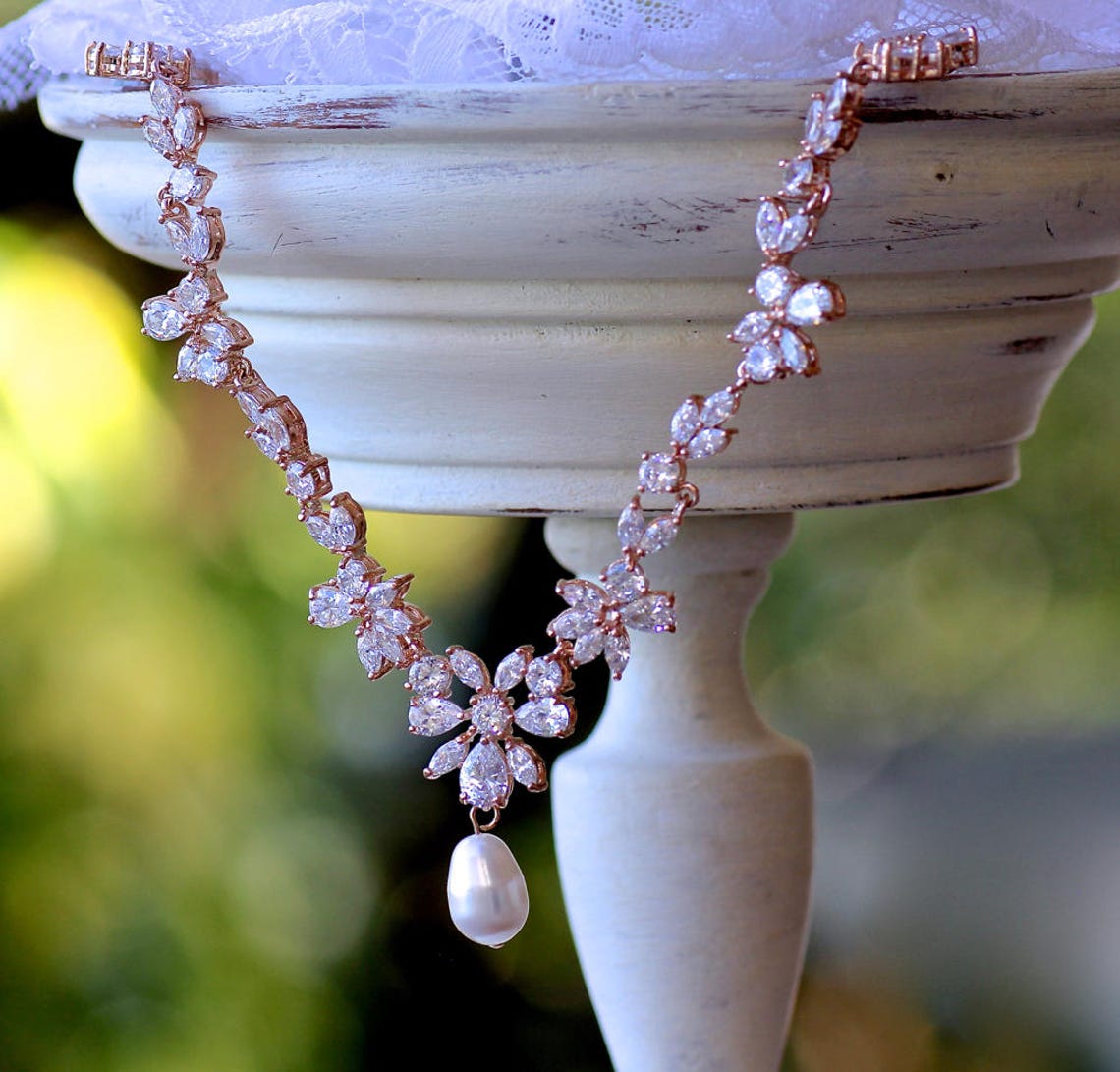 Rose Gold Crystal Necklace, Crystal Bridal Necklace, Rose Gold Bridal ...