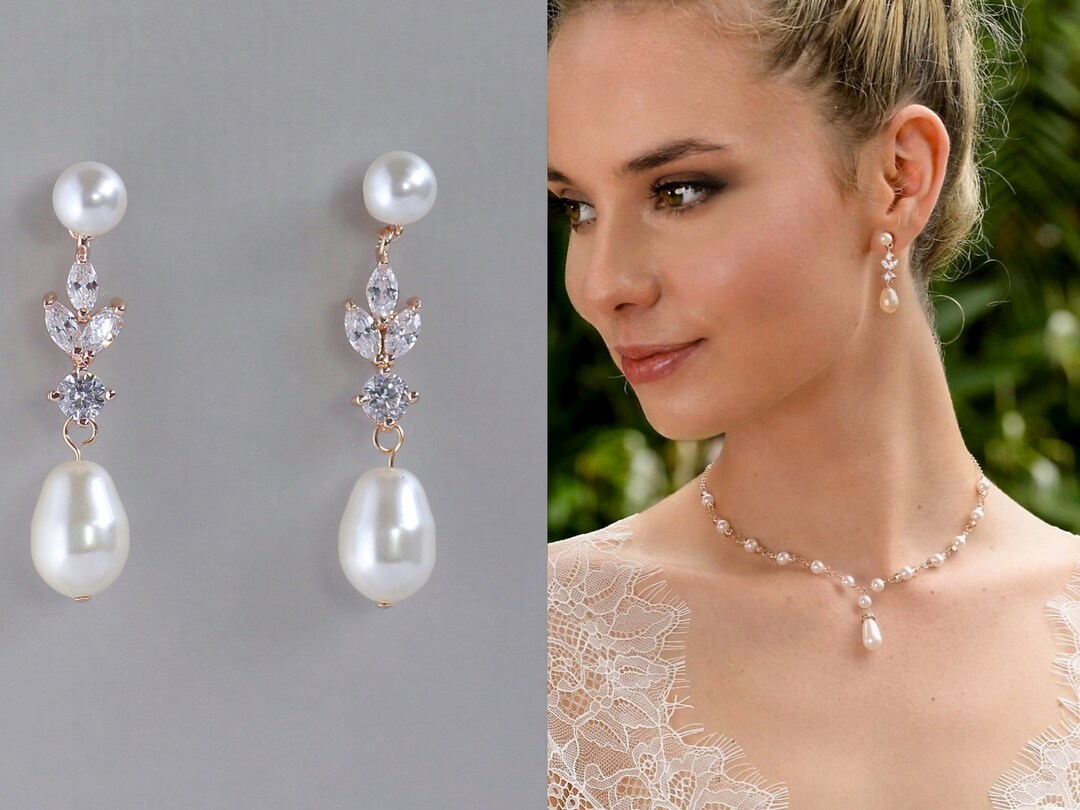 Crystal Pearl Drop Rose Gold Bridal Earrings, Pearl Stud & Pearl Dangle ...